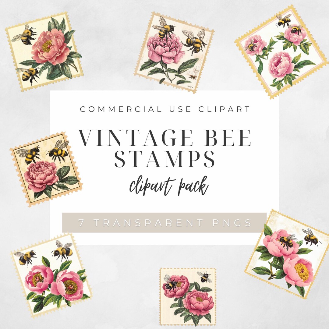 Vintage Bee Stamps Clipart Pack- 300 DPI - PNG - Transparent Background ...