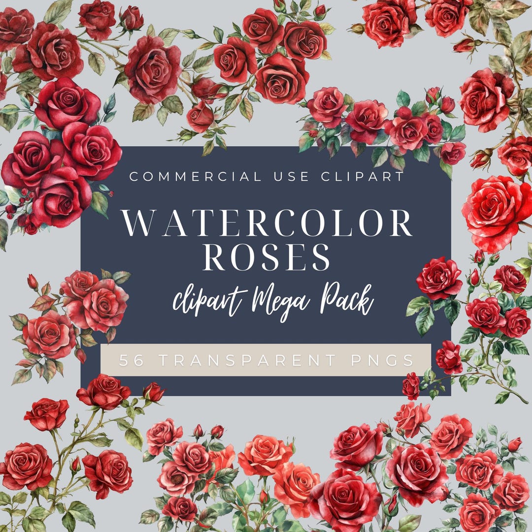 Watercolor Roses Clipart Mega Pack, Red Rose PNG, Floral Bouquet ...