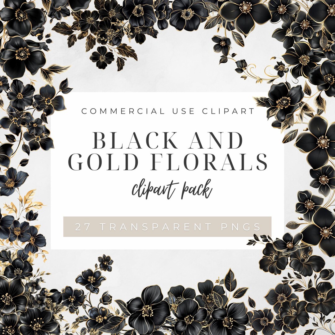 Black and Gold Floral Clipart Pack | Add a Touch of Elegance to Your ...