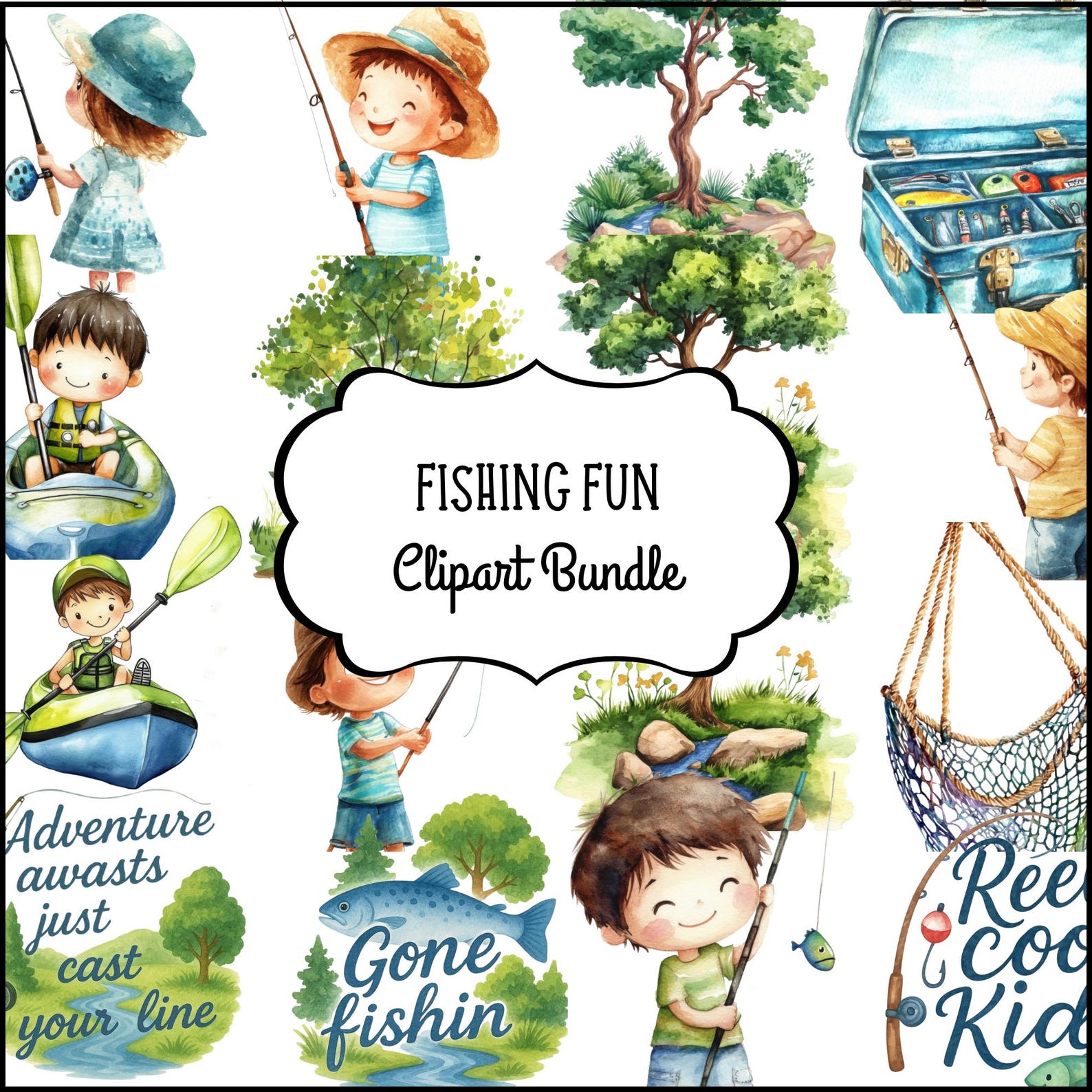 Fishing Fun Clipart Bundle for Kids, Watercolor Boys Fishing Clip Art ...