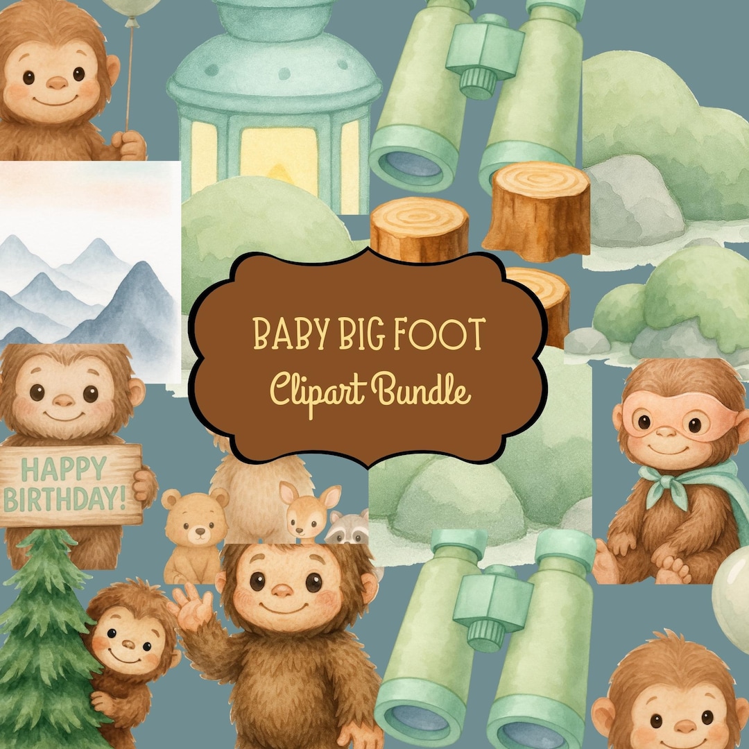 Bigfoot Watercolor Clipart Pack, Baby Bigfoot Birthday Theme ...
