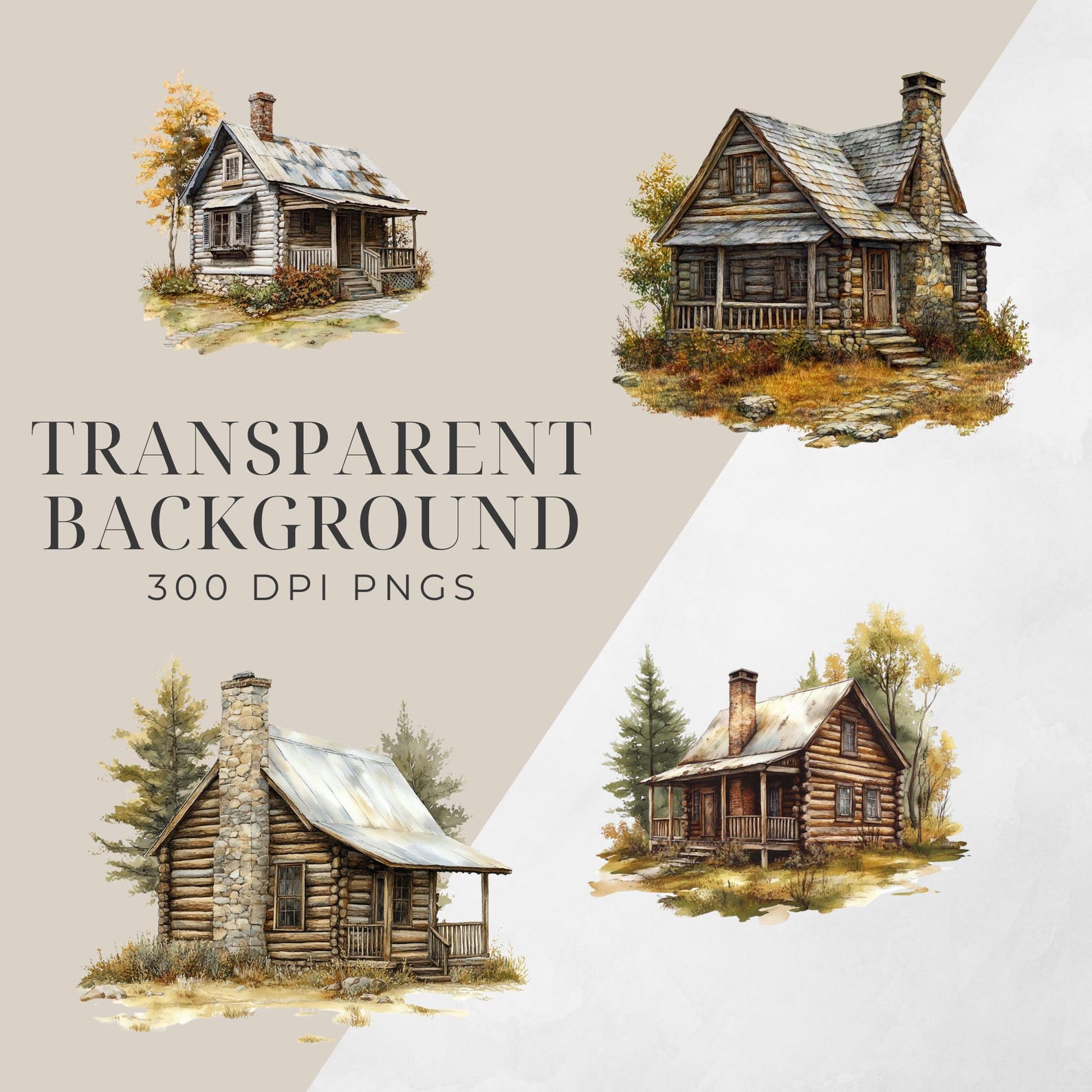 Old Log Cabins Clipart Pack- 300 DPI - PNG - Transparent Background ...
