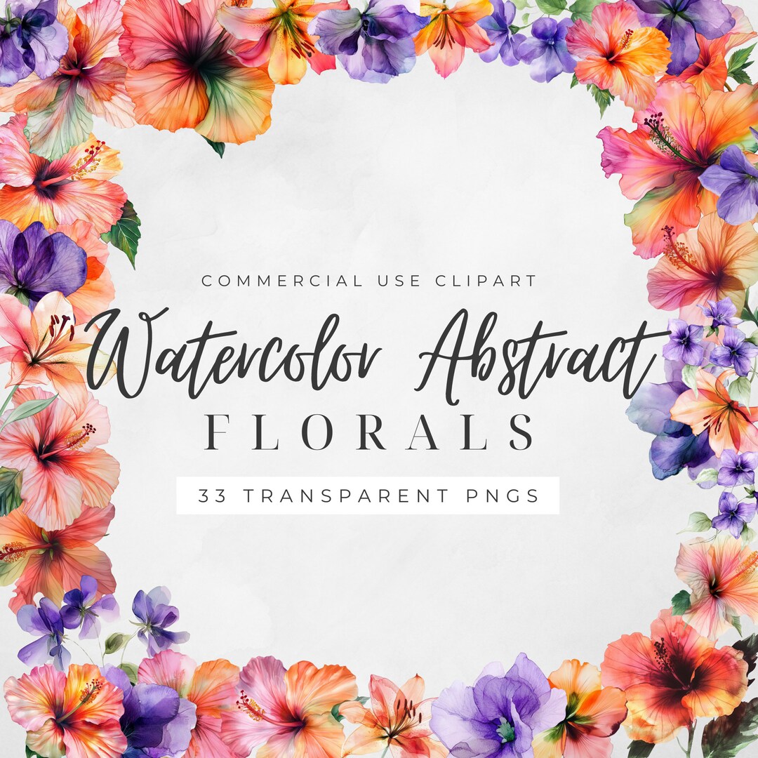 Watercolor Abstract Floral Clipart Pack- 300DPI, PNG, Transparent Background Images Featuring ...