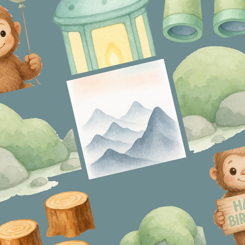 Bigfoot Watercolor Clipart Pack, Baby Bigfoot Birthday Theme ...