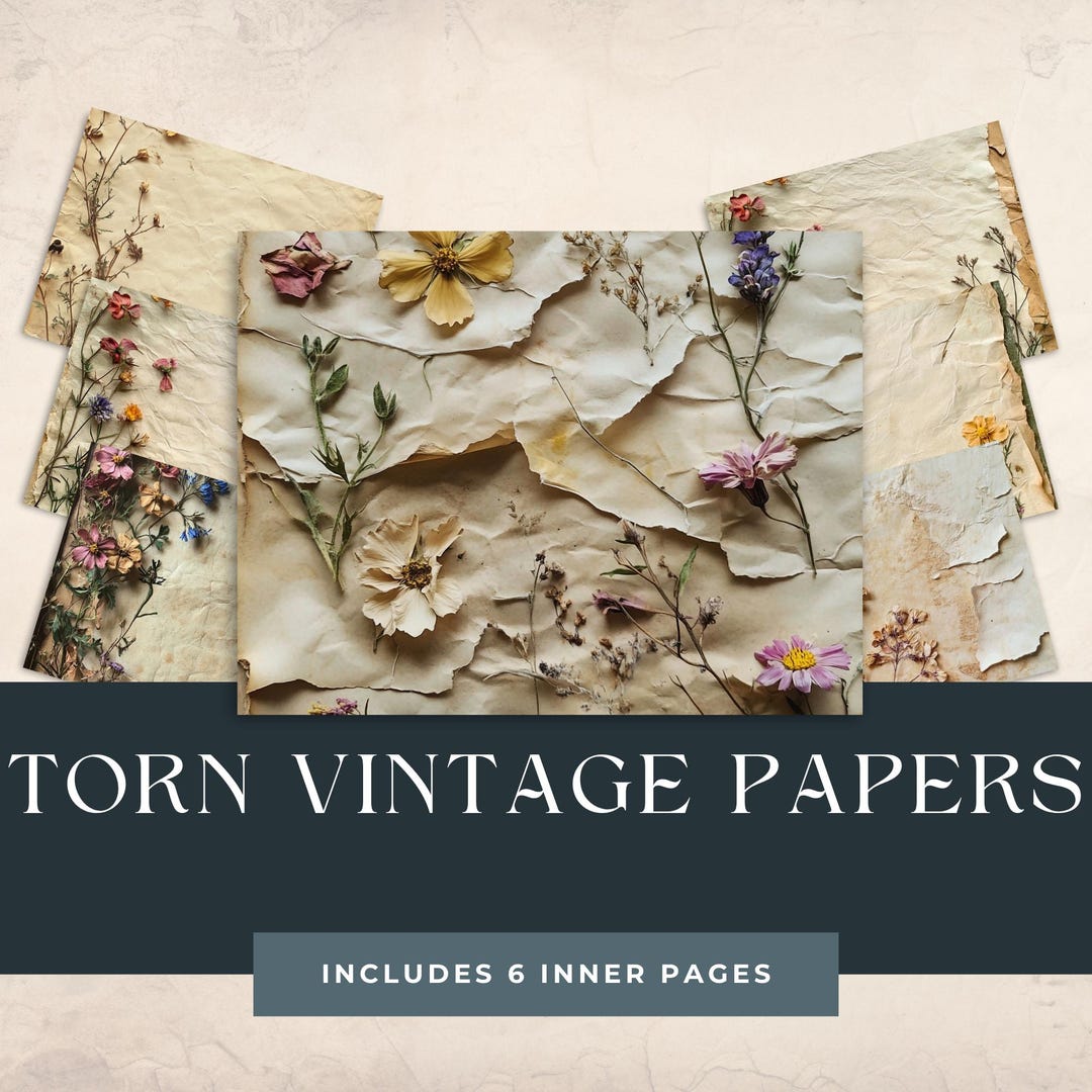 Torn Vintage Paper Set | 12x12 Floral Junk Journal Pages | Antique ...