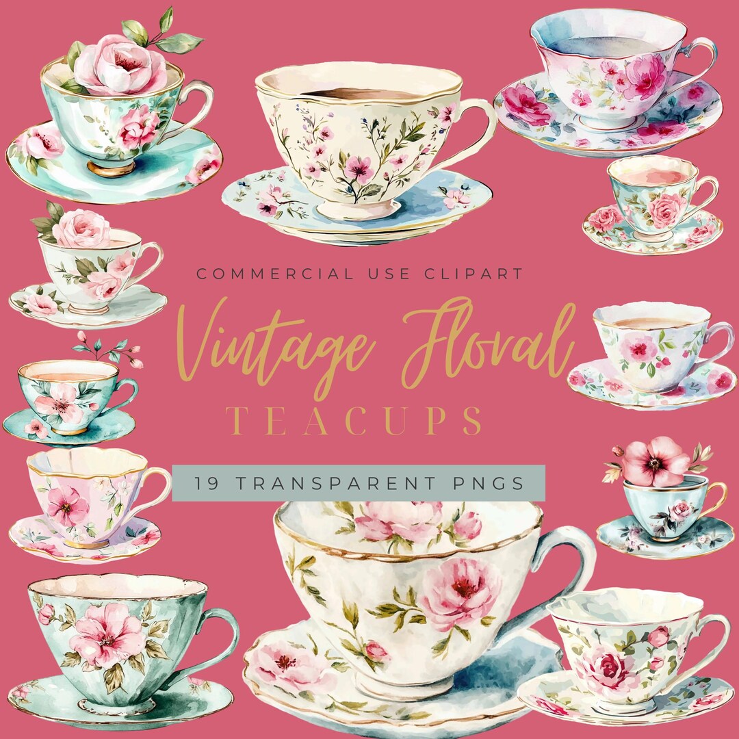 Vintage Floral Teacup Clipart PNG Set, Retro Tea Party Cups and Saucers ...