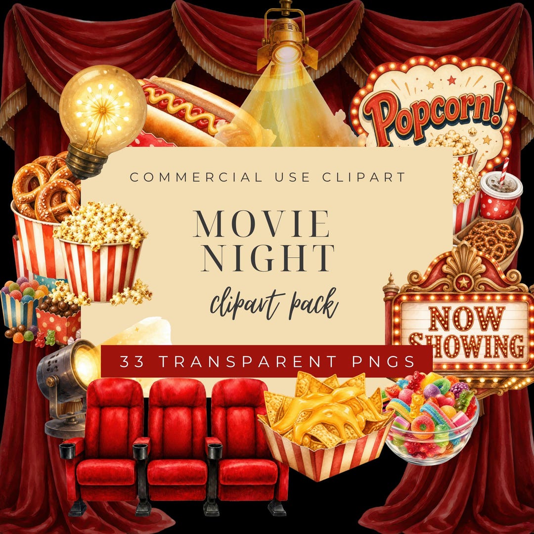 Movie Night Clipart Bundle, Cinema Clipart PNG, Commercial Use Theater ...