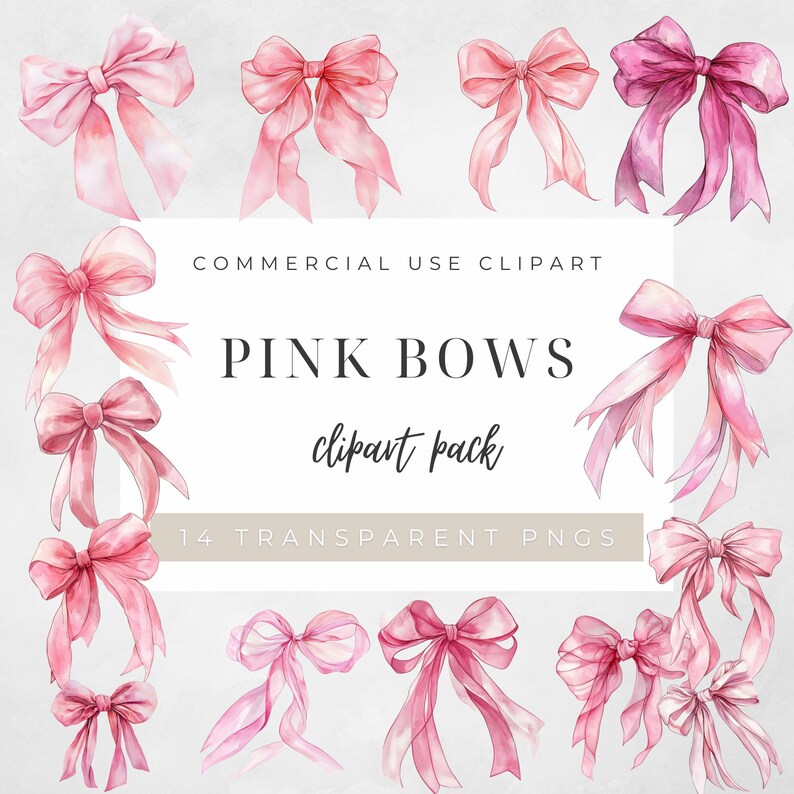Pink Watercolor Bows Clipart Pack- 300 DPI - PNG - Transparent ...