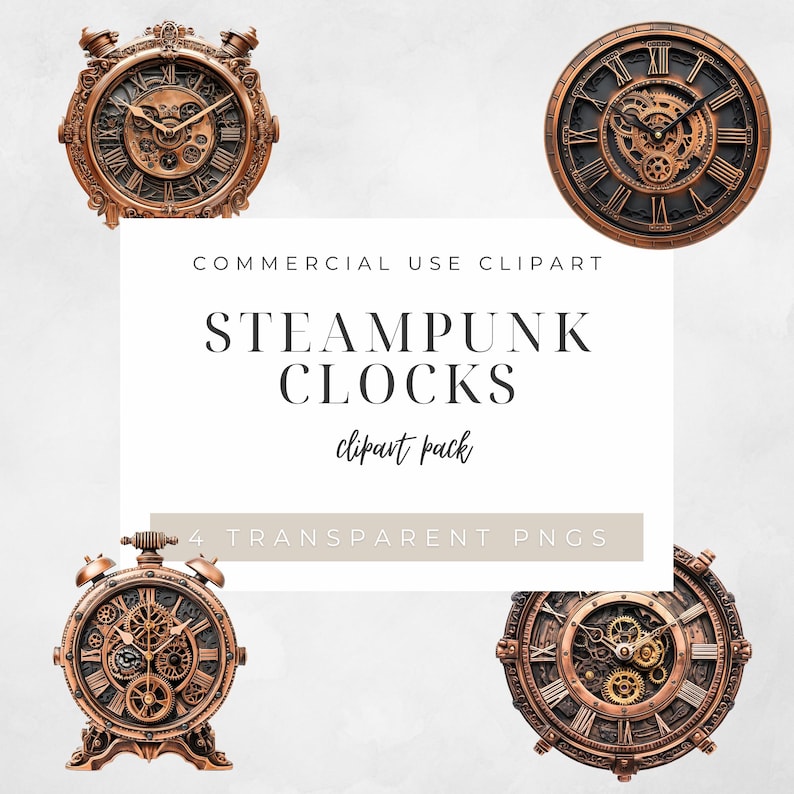Steampunk Clock Clipart PNG Set – 4 Transparent 300 DPI Vintage Gear Clock Graphics – Steampunk ...
