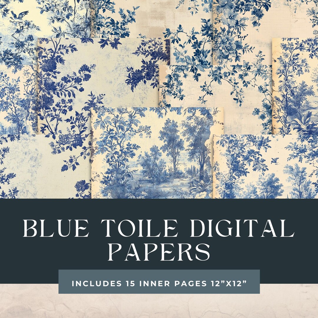 Vintage Blue Toile Digital Paper Pack | 15 High-res 12x12 Scrapbook ...