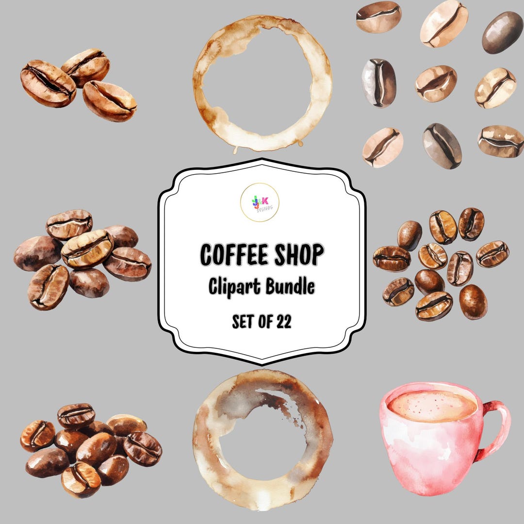 Coffee Shop Clipart Bundle, Watercolor Coffee Beans Croissants Coffee ...