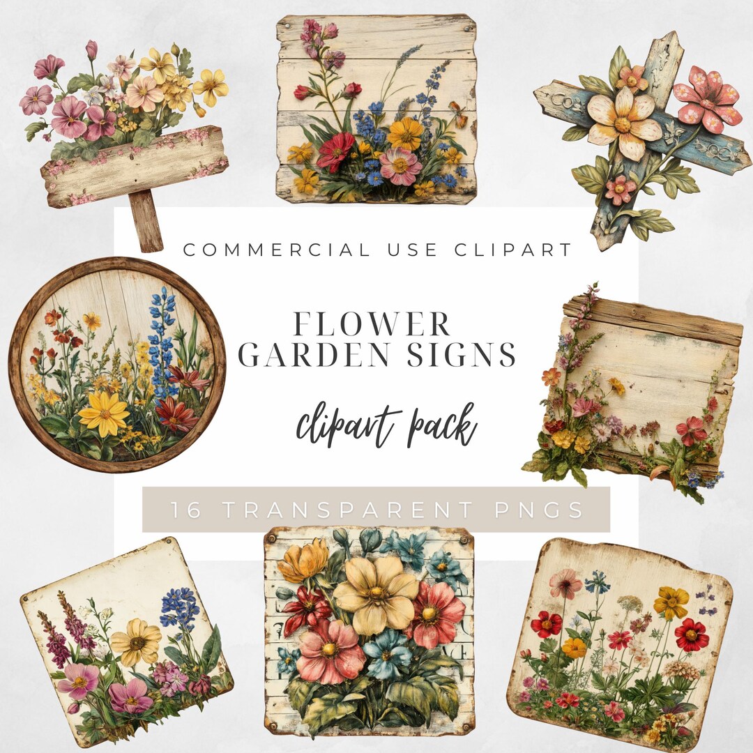 Vintage Flower Garden Signs Clipart Pack- 300 DPI - PNG - Transparent ...