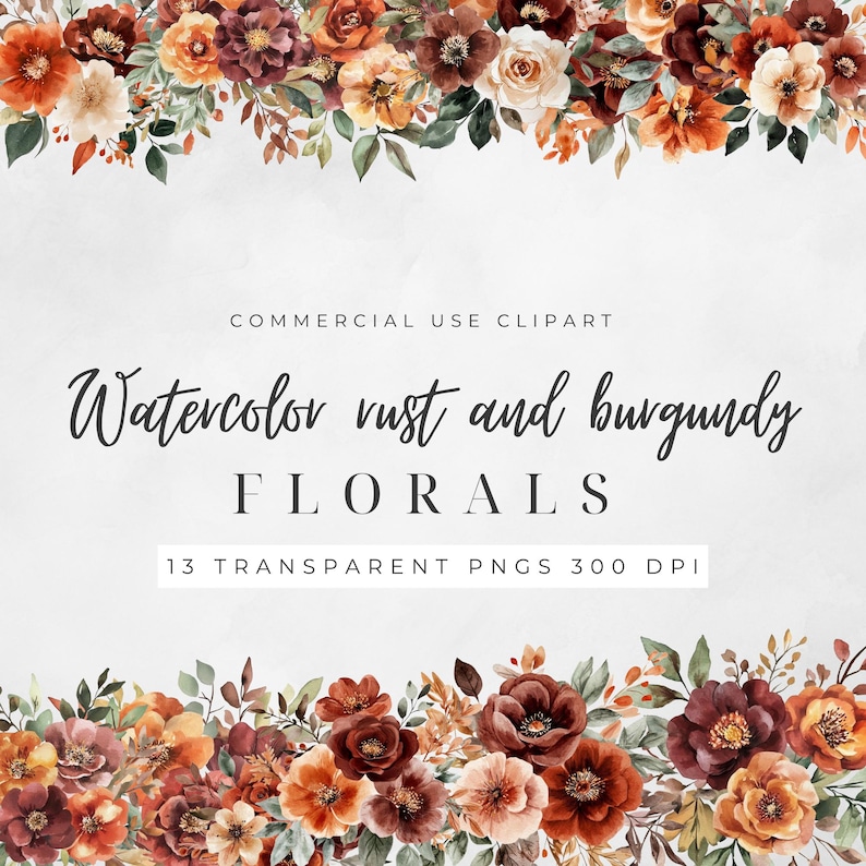 Burgundy and Rust Floral Bouquet Clipart Pack- 300 DPI - PNG ...