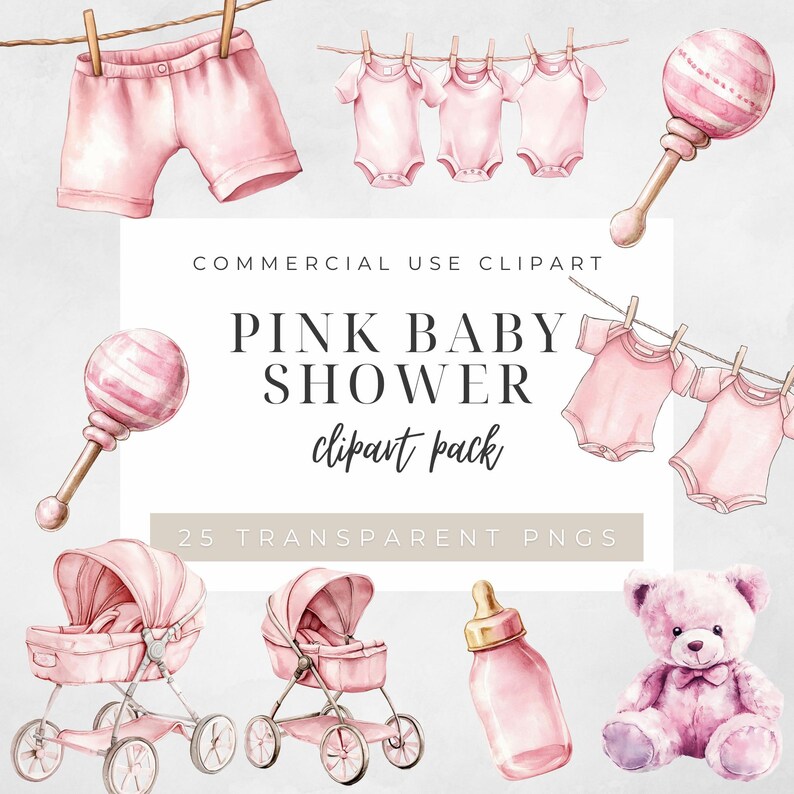 Pink Baby Shower Clipart Pack- 300 DPI - PNG - Transparent Background ...
