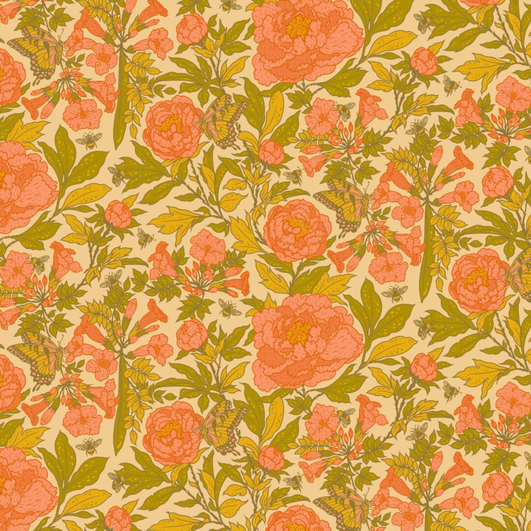 Peonies Dew - Mustard Beetle - Birch ORGANIC Fabric - 100% Organic ...