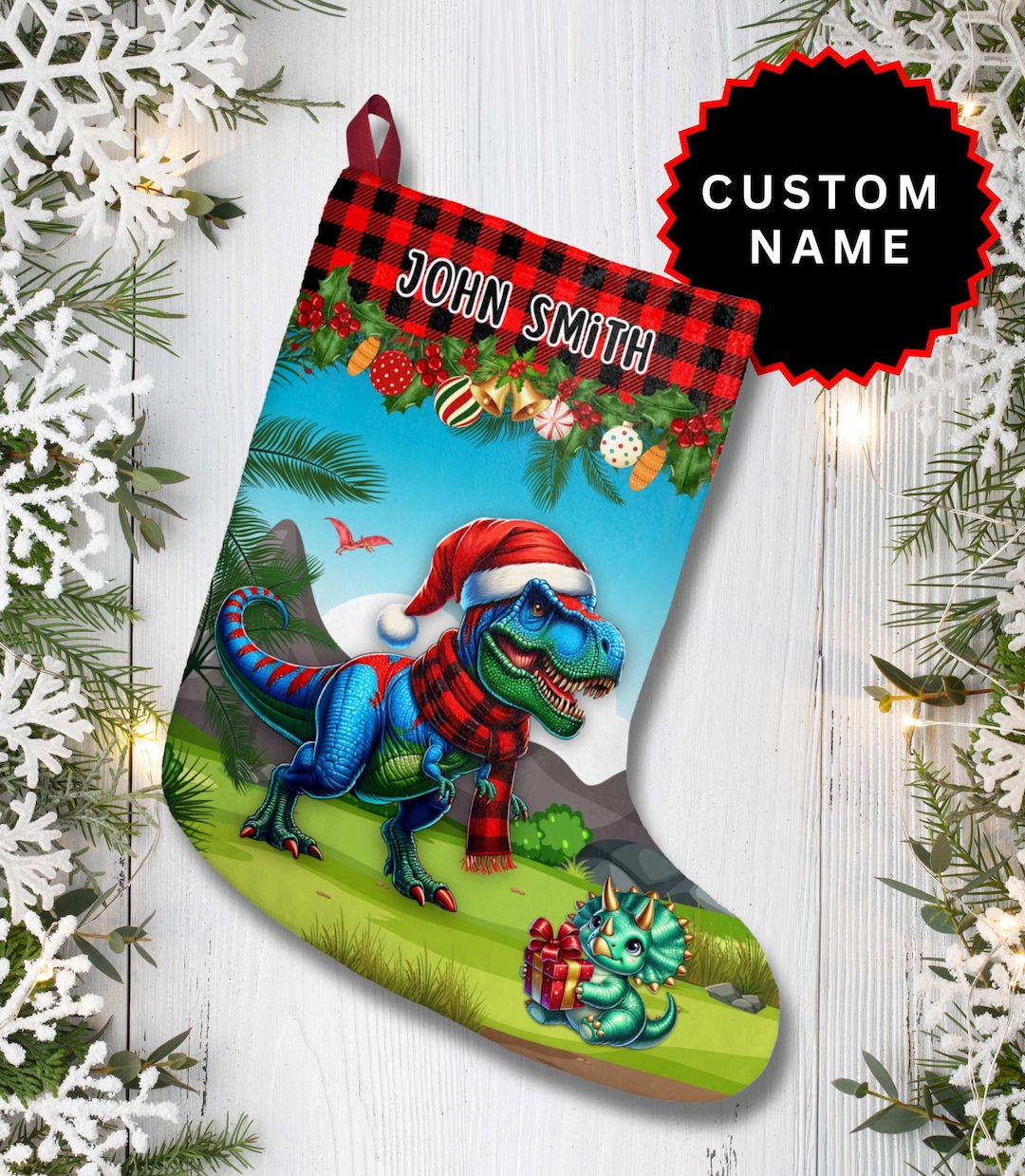 Christmas Stockings Personalized T Rex Dinosaur Stocking Holiday Decor ...
