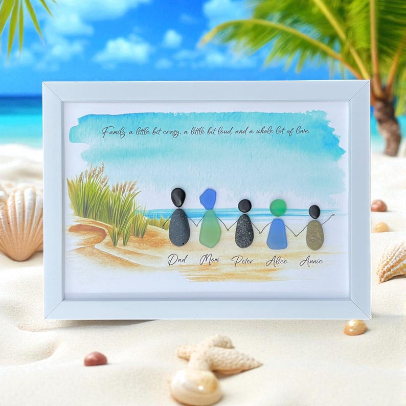 Custom Pebble Art Family Portrait, Personalized Sea Glass Family Frame ...