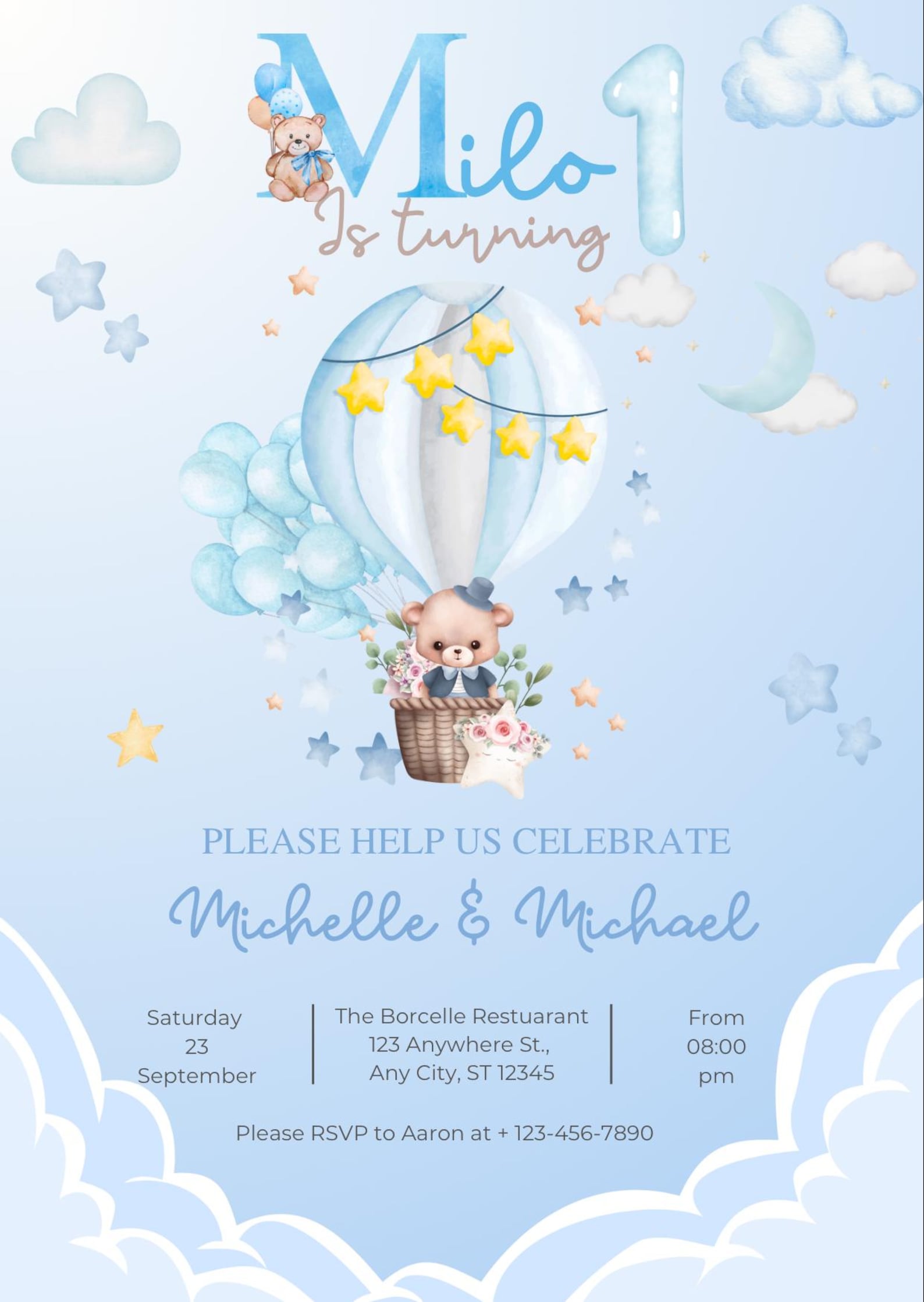 Editable Blue Bear Birthday Invitation, Babys FIRST BIRTHDAY, Baby Boy ...