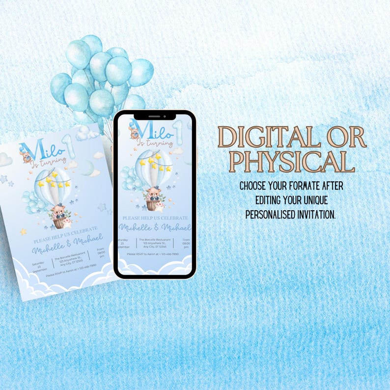 Editable Blue Bear Birthday Invitation, Babys FIRST BIRTHDAY, Baby Boy ...