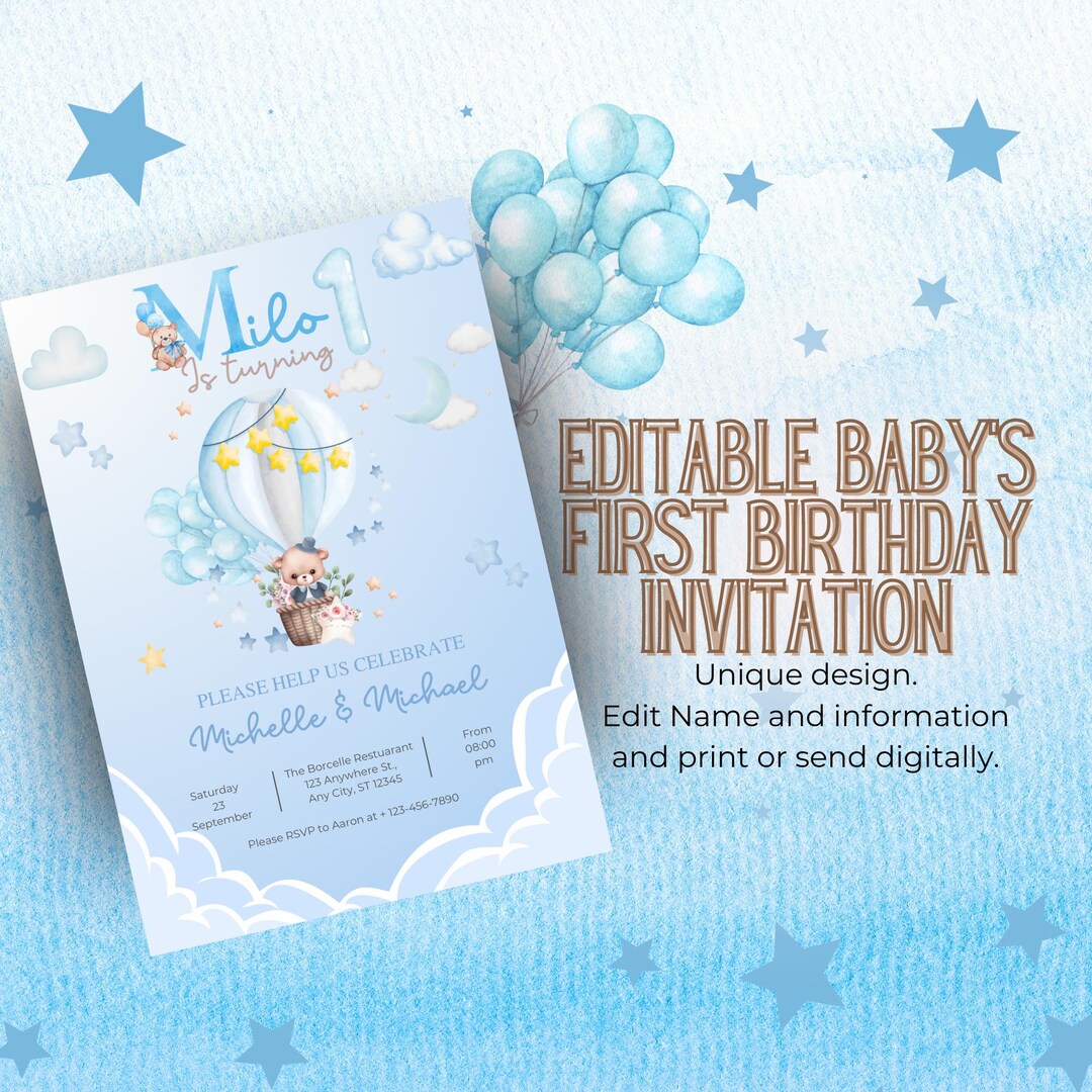 Editable Blue Bear Birthday Invitation, Babys FIRST BIRTHDAY, Baby Boy ...