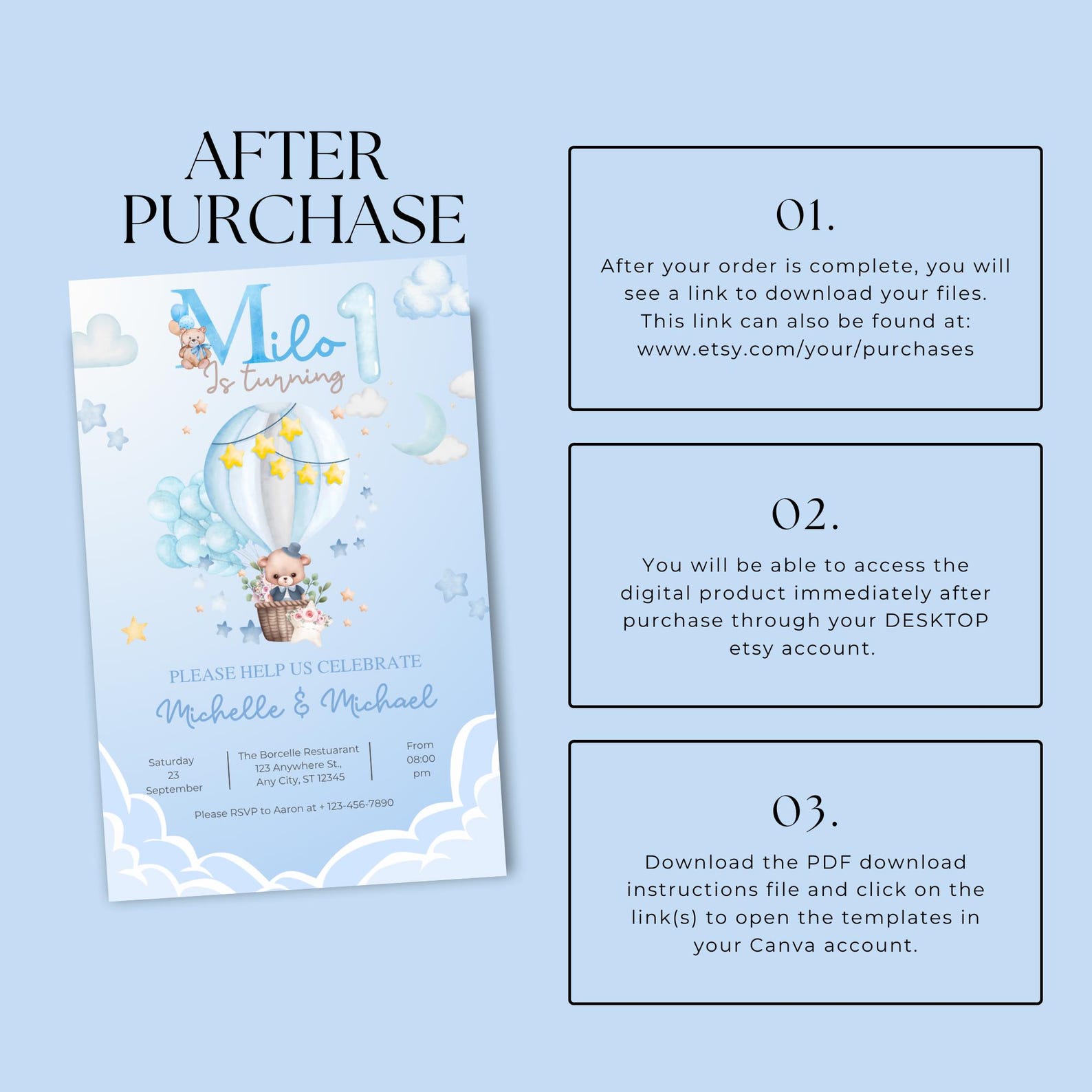 Editable Blue Bear Birthday Invitation, Babys FIRST BIRTHDAY, Baby Boy ...