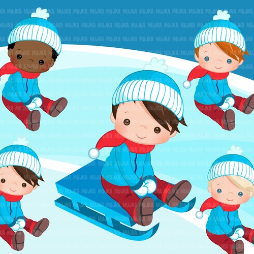 Winter Sled Snow Kids Clipart Kids Sledding Tobogganing - Etsy