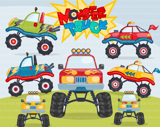 Cute Monster Trucks Clipart Instant Download Watercolor Kids Birthday ...
