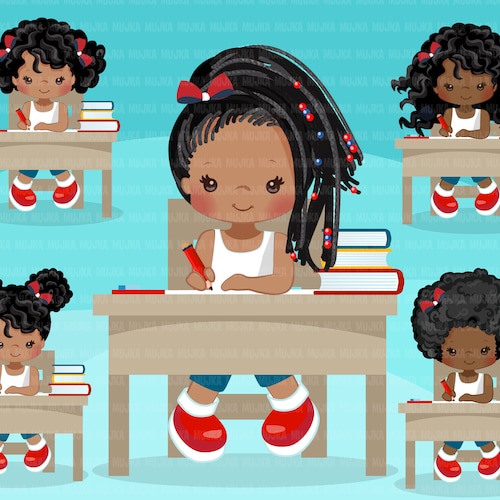 Back to School Clipart With Afro Girl Students Black Board - Etsy