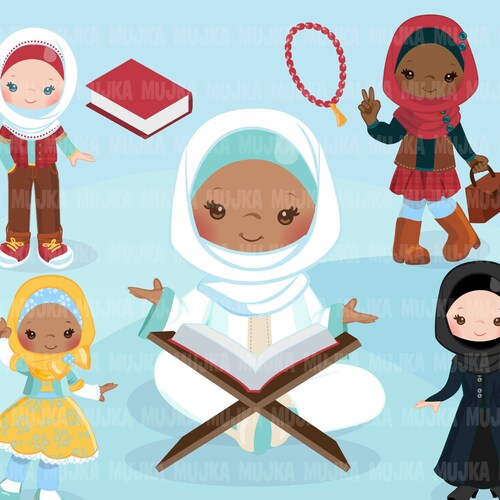 Muslim Girls Clipart Islam Graphics Quran Reading Kids With - Etsy