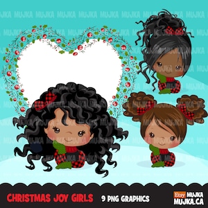 Christmas Clipart, Cute Afro Black Girls With Plaid and Noel Frame ...