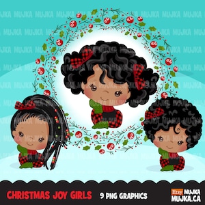 Christmas Clipart, Cute Afro Black Girls With Plaid and Noel Frame ...