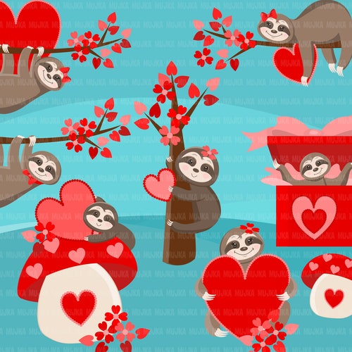 Valentine's Day Sloth Clipart. Cute Sloth Graphics Sloth - Etsy