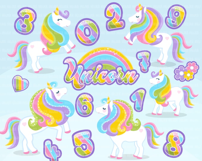 Unicorn Numbers Clipart Rainbow Unicorns With Birthday Numbers. Summer ...