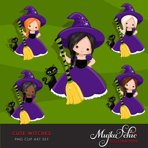 Halloween Clipart, Cute Witch, Black Witch, Black Cat, Halloween Broom ...