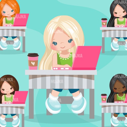 Distant Learning Clipart Girls With Pink Laptop Home - Etsy