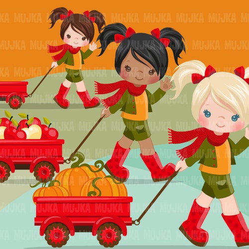 Fall Apple Pickers Clipart Cute Characters Black - Etsy