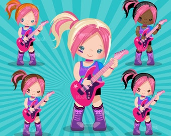 Rockstar Girls Clipart Singers Black Card Making Rock | Etsy