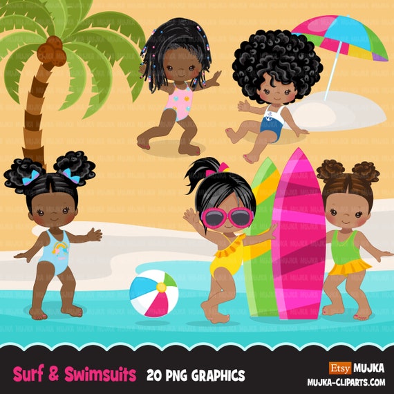 Beach Fun Clipart for Black Girls, Summer Swimsuit Graphics, surf board ...