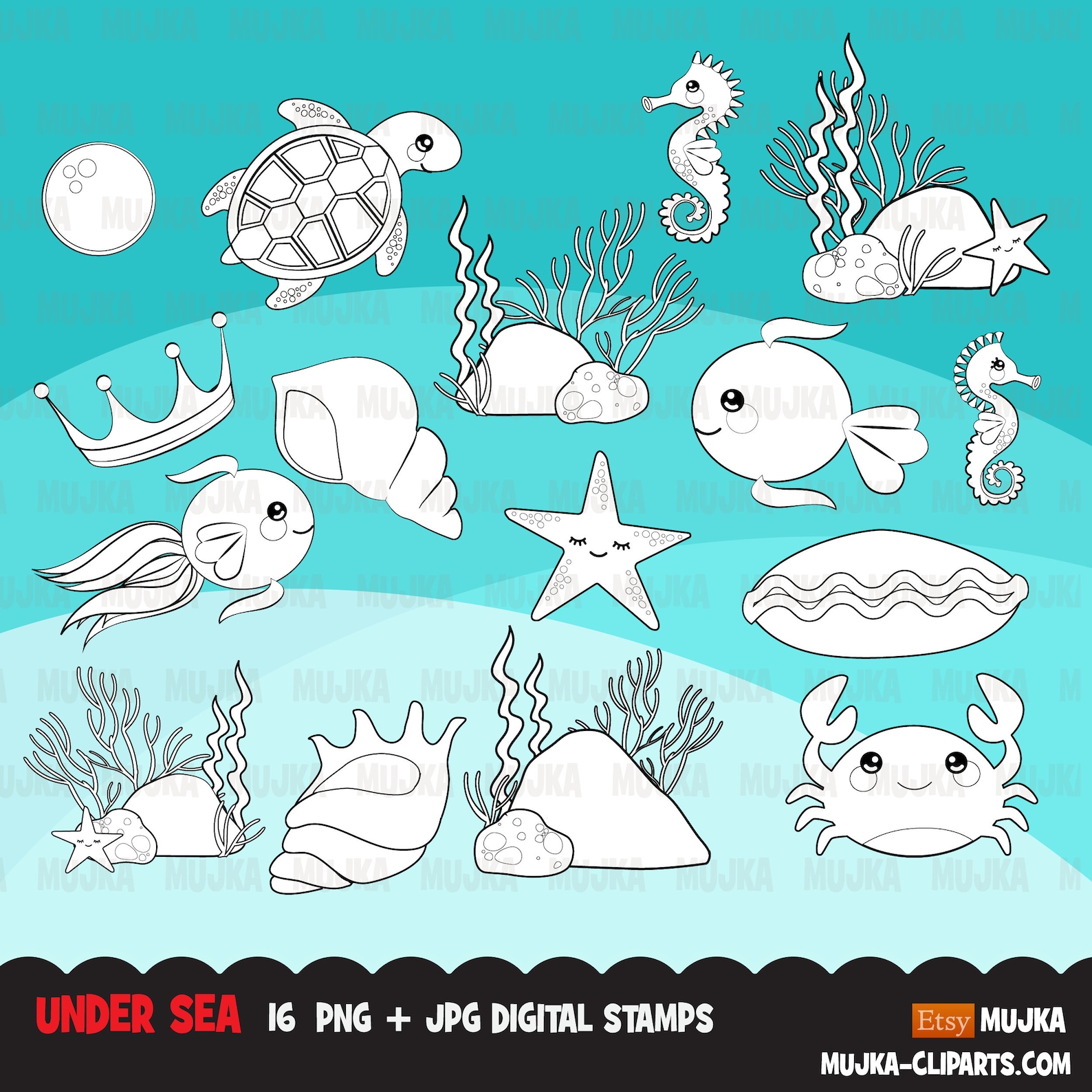 Undersea Digital Stamps, Black & White Marine Graphics, Mermaid Coral ...
