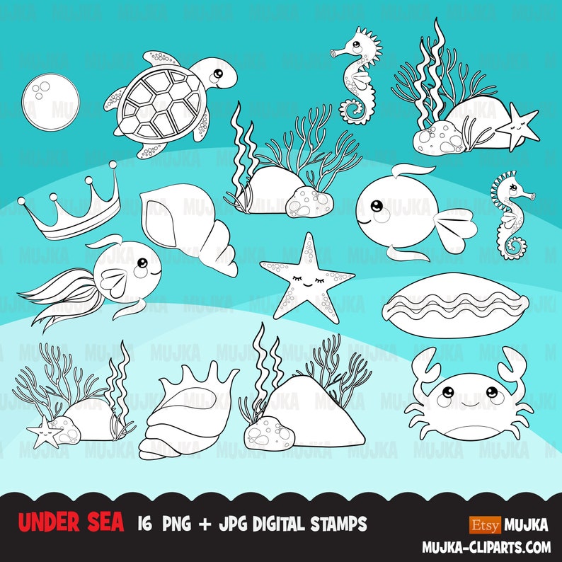 Undersea Digital Stamps, Black & White Marine Graphics, Mermaid Coral ...