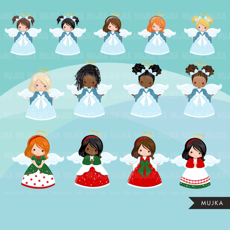 Christmas Angels Clipart Bundle Noel Illustrations Black | Etsy