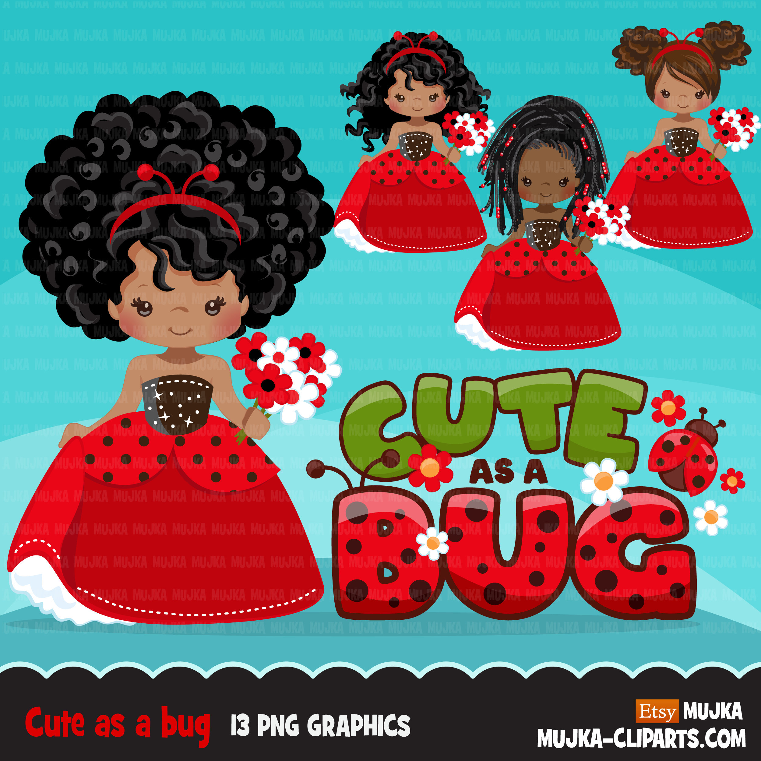 Ladybug Clipart Black Princess Fairy Tale Graphics Girls - Etsy