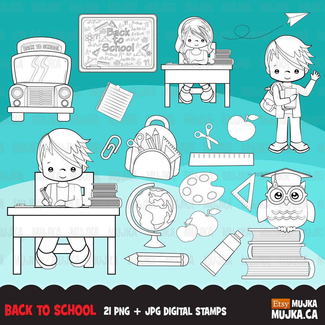 Back to School Digital Stamps. Cute Students, Bus, Board, School ...