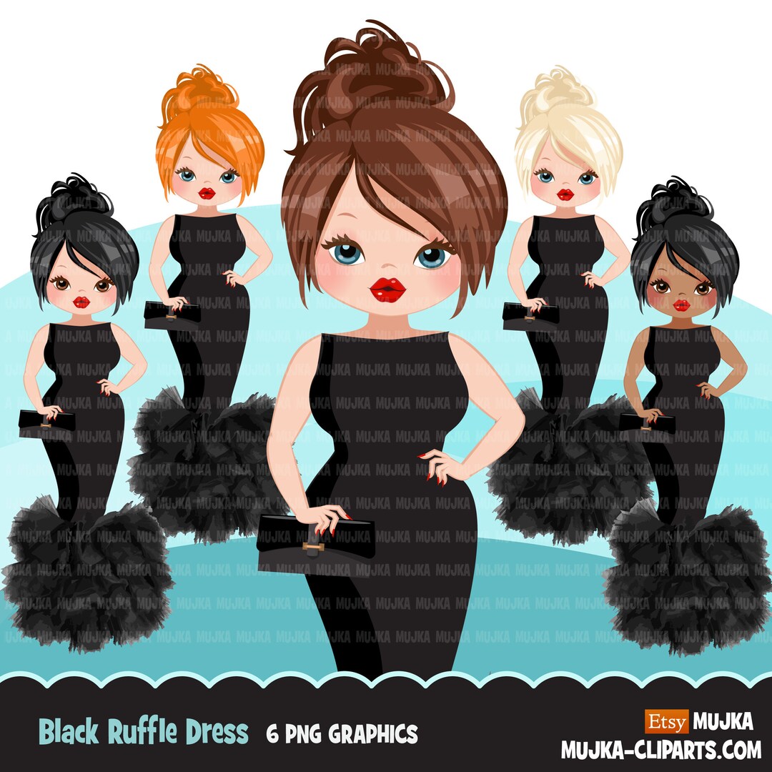 Fancy Woman Clipart PNG, Black Ruffle Dress, Fashion Graphics, Sweet ...