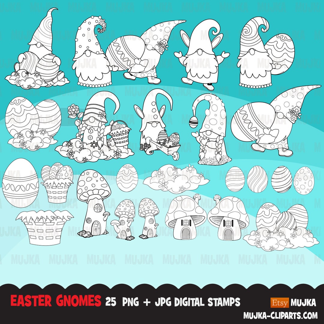 Easter Gnomes Digital Stamps, Mushroom House, Easter Eggs, Scandinavian ...