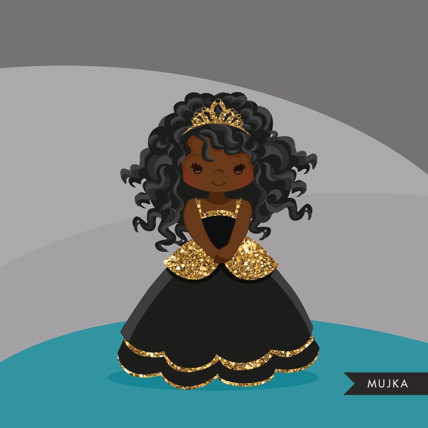 Gold Glitter Princess Clipart, Black Princess Graphics, Scrapbooking ...