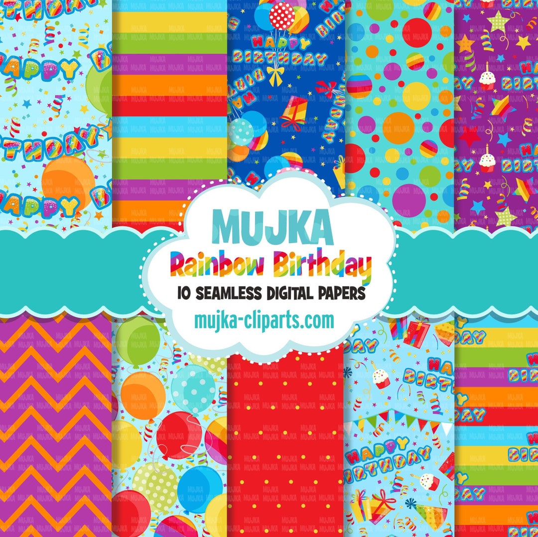 Rainbow Birthday Digital Papers, Seamless Pattern, Digital Paper Pack ...