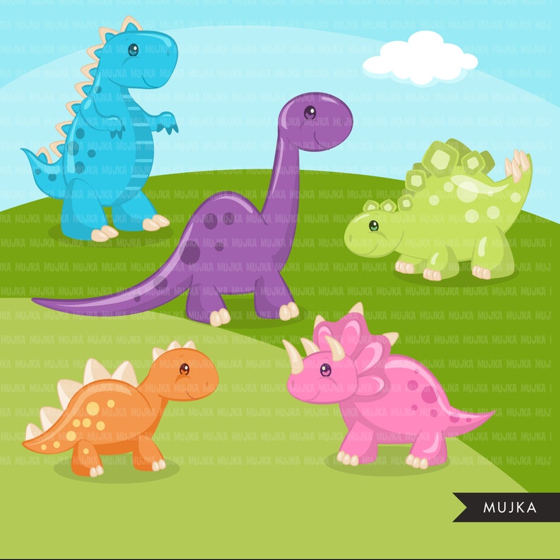 Dinosaur Clipart. Cute Baby Dino Graphics, Cookie Design, Volcano ...