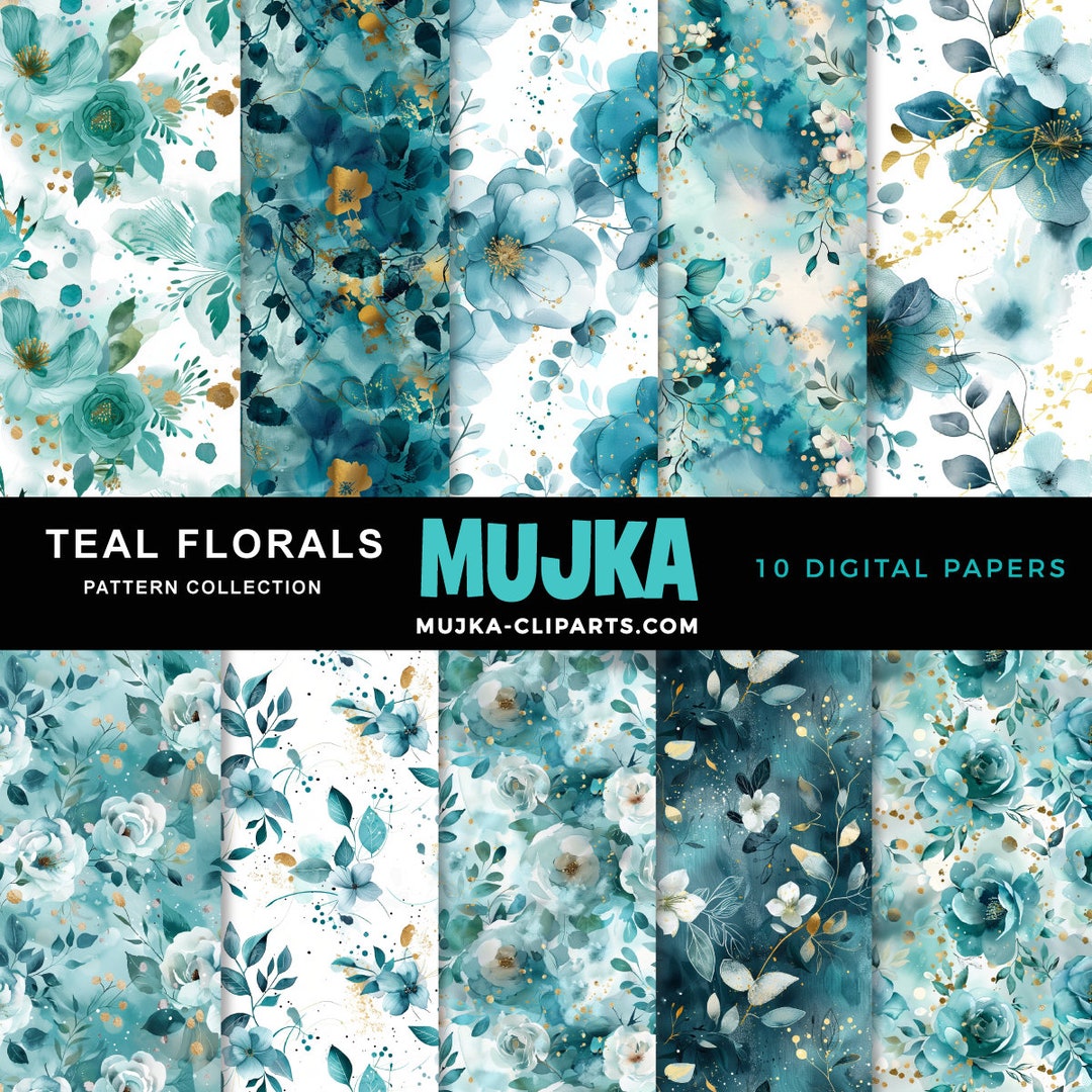 Floral Watercolor Digital Paper, Hand Drawn Teal Seamless Patterns ...