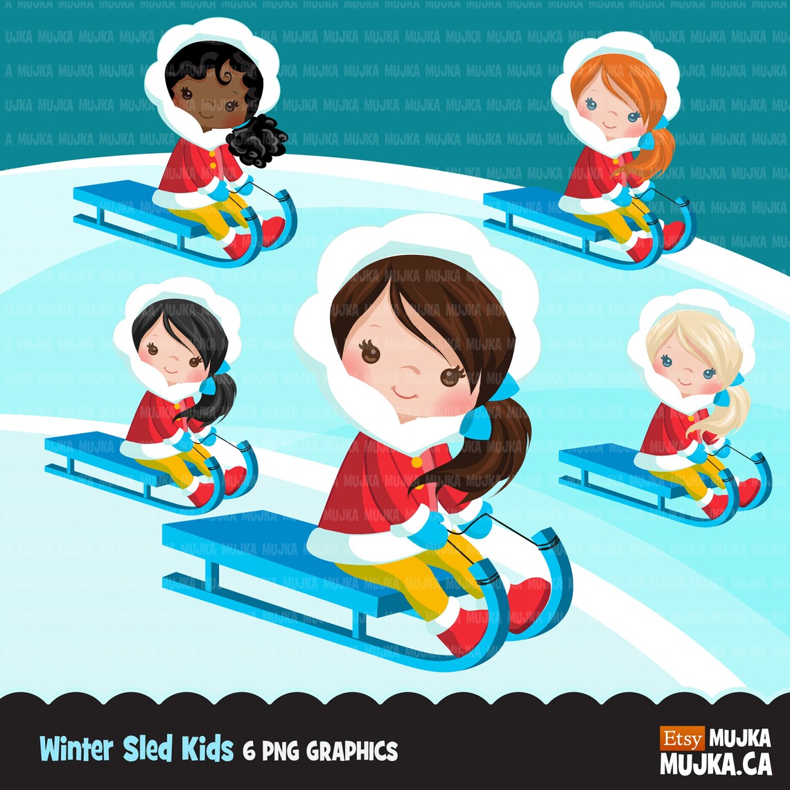 Winter Kids Clipart Bundle, Snow Day, Snowman, Sledding Kids, Winter ...